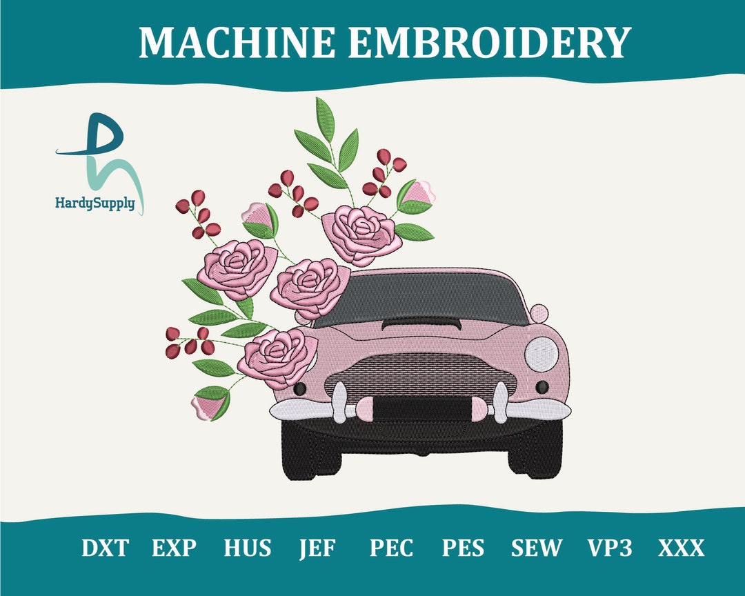 Racing Car Embroidery Design, Machine Embroidery Car With Flower, Pink ...