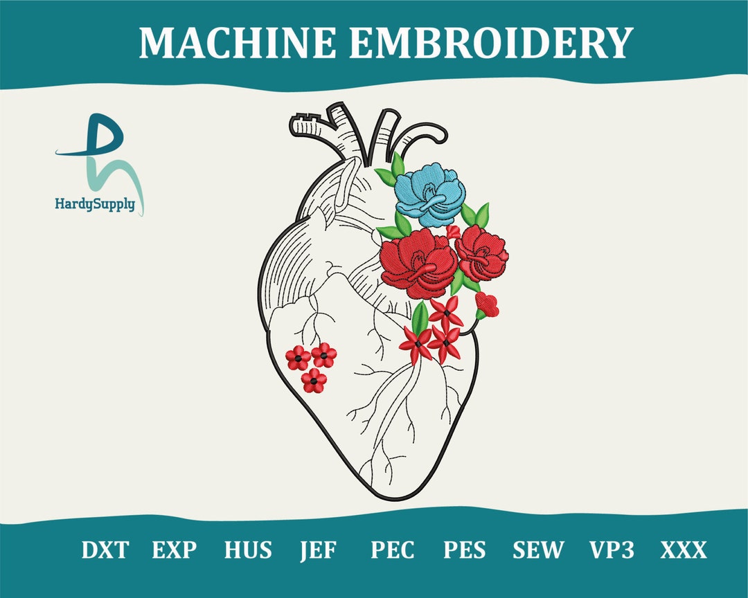 Floral Anatomical Heart Embroidery, Heart Anatomy Machine Embroidery ...