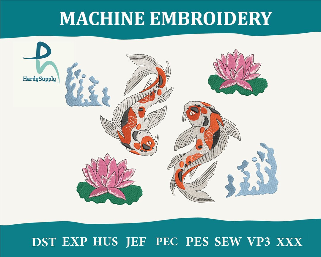 Koi Fishes Embroidery Design, Floral Frame Machine Embroidery, Japanese ...