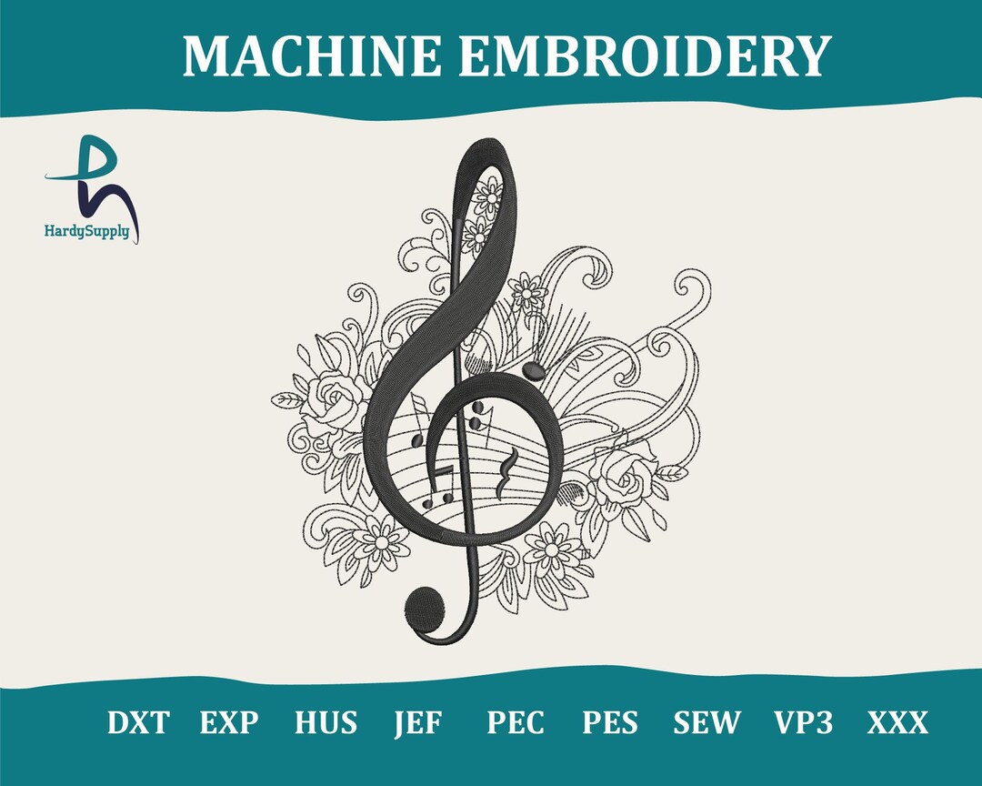 Music Note Machine Embroidery, Embroidered Treble Clef Design, Floral ...