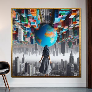 Surreal Cityscape With Inverted World, Vibrant Urban Art Print, Unique ...