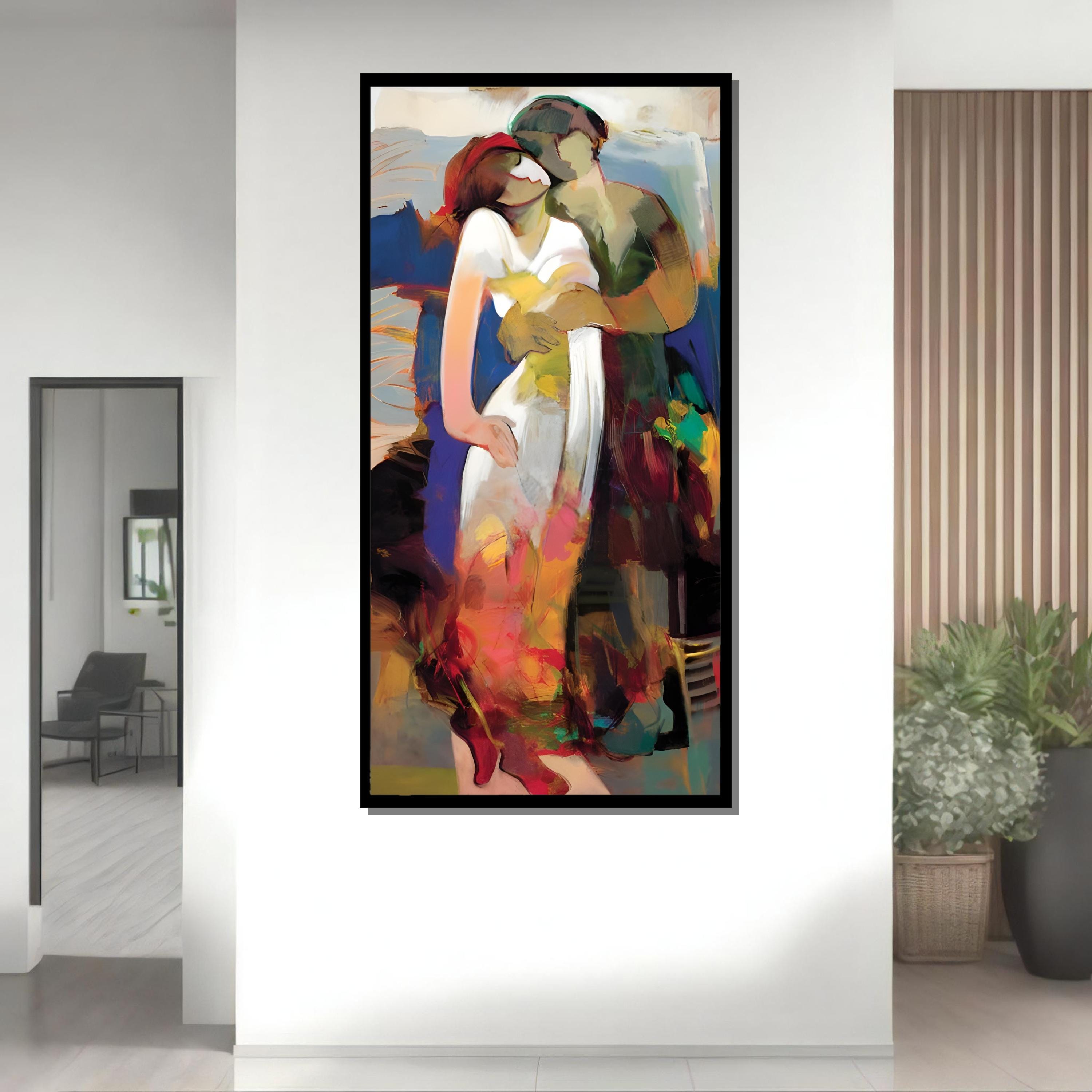 Romantic Couple Art, Abstract Love Canvas, Intimate Embrace Painting ...