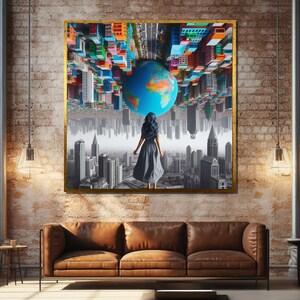 Surreal Cityscape With Inverted World, Vibrant Urban Art Print, Unique ...
