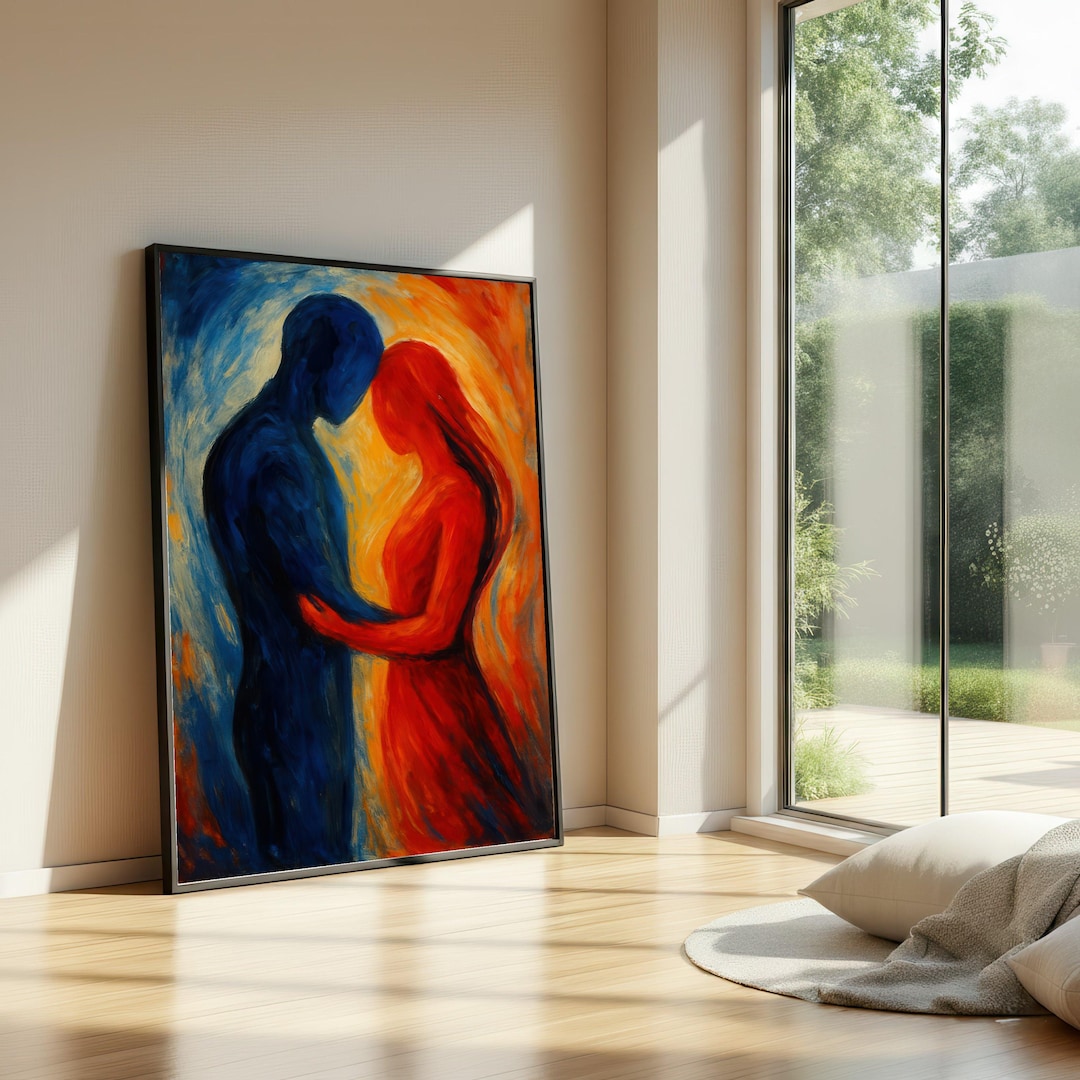 Abstract Couple Embrace Canvas, Blue and Red Lovers Wall Art ...