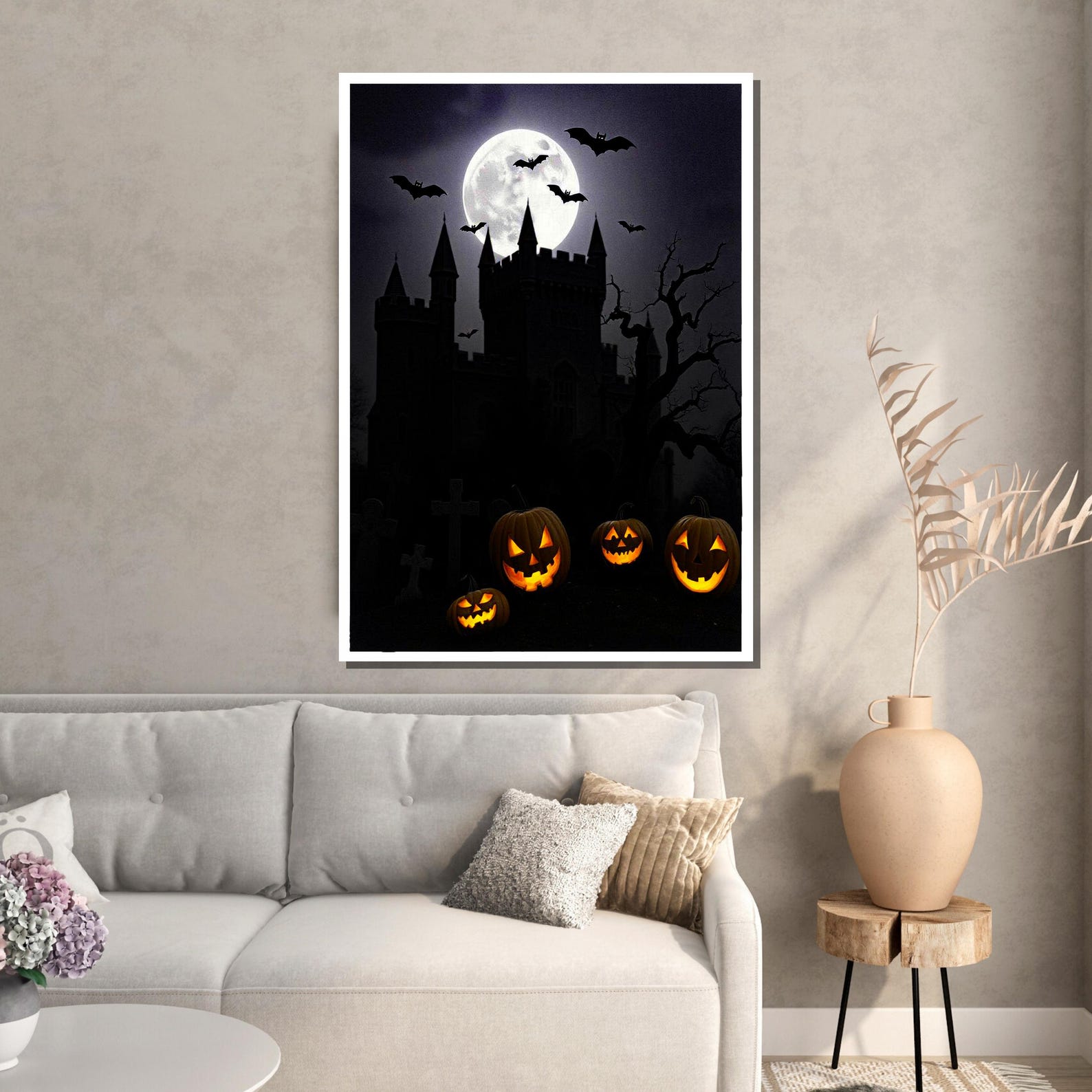 Haunted Castle Halloween Art, Full Moon Jack-o'-lantern Print, Spooky ...