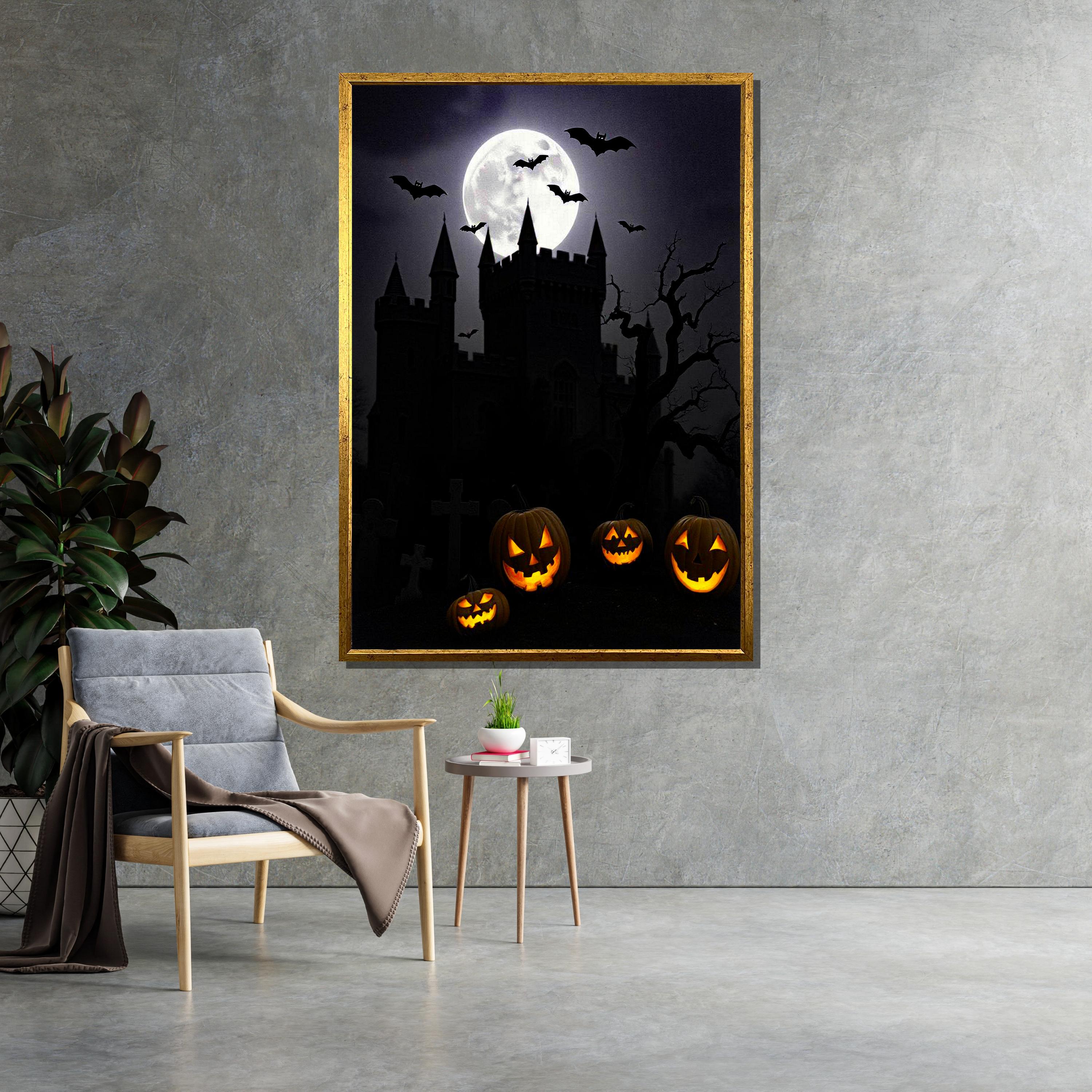 Haunted Castle Halloween Art, Full Moon Jack-o'-lantern Print, Spooky ...