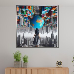 Surreal Cityscape With Inverted World, Vibrant Urban Art Print, Unique ...