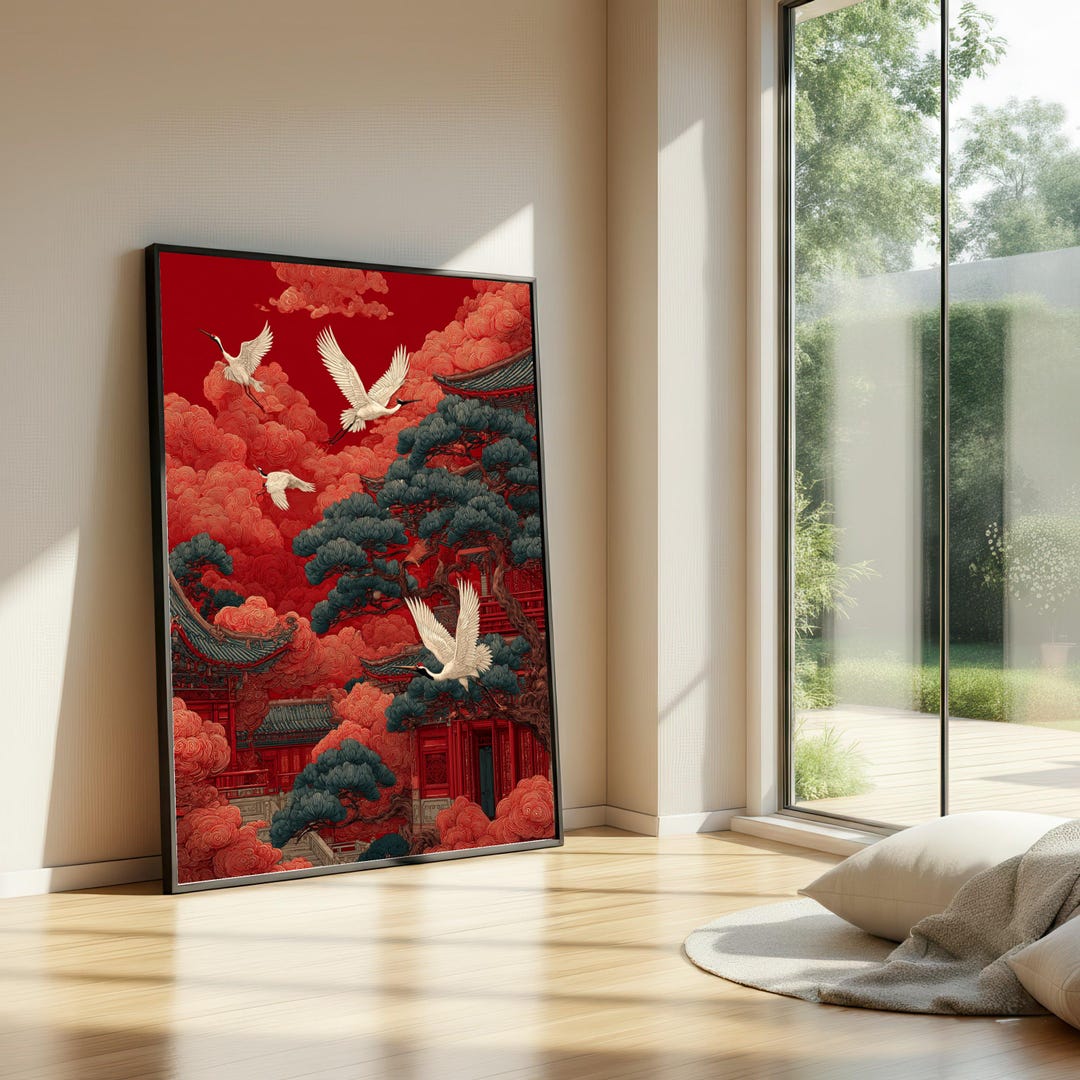 Elegant Crane Birds Flying, Asian Temple Canvas, Red Clouds Wall Art ...