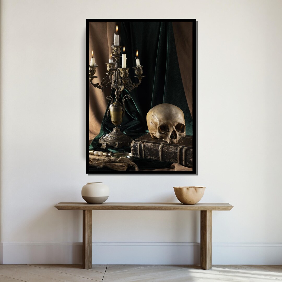 Gothic Skull Still Life, Antique Candle Holder Art, Dark Academia Wall ...