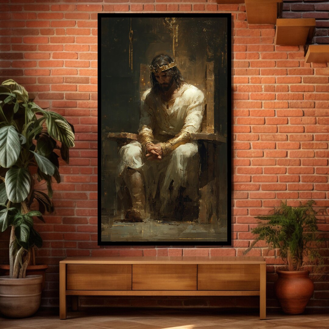 Jesus Crowned Canvas, Pensive Jesus Art, Christ on Throne Painting ...
