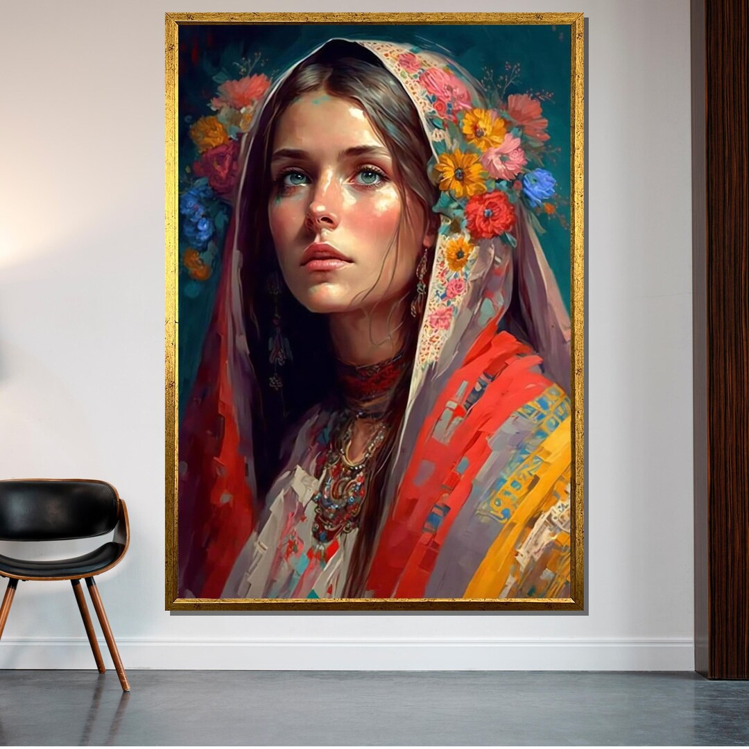 Ethereal Maiden Canvas, Slavic Girl Wall Art, Floral Adorned Portrait ...