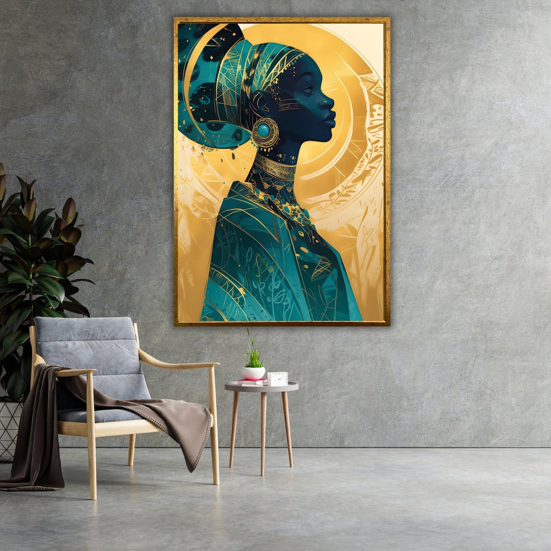 Regal African Queen Canvas, Gold and Teal Afrocentric Art, Elegant ...