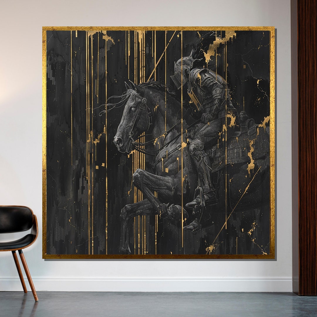 Majestic Knight in Armor Art, Dark Medieval Warrior Canvas, Gold ...