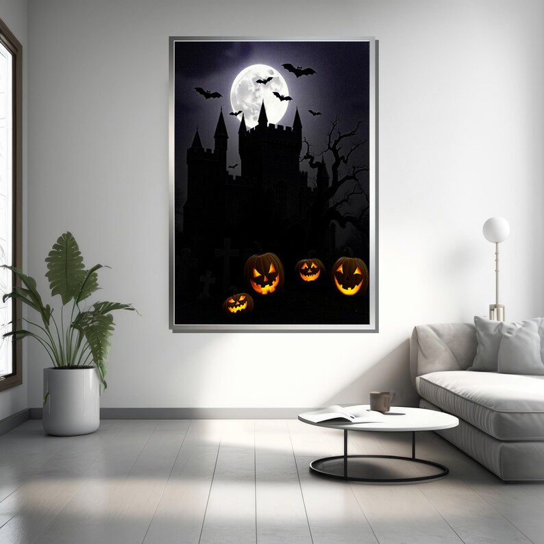 Haunted Castle Halloween Art, Full Moon Jack-o'-lantern Print, Spooky ...