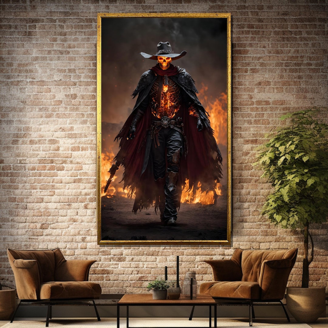Infernal Gunslinger Canvas Art, Dark Cowboy Print, Fiery Skeleton Wall ...