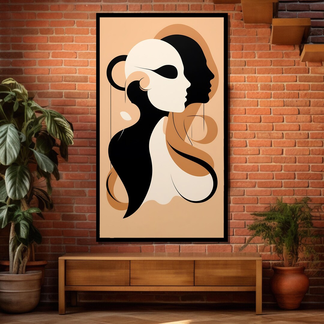 Dual Faces Abstract Art, Modern Minimalist Portrait, Elegant Silhouette ...