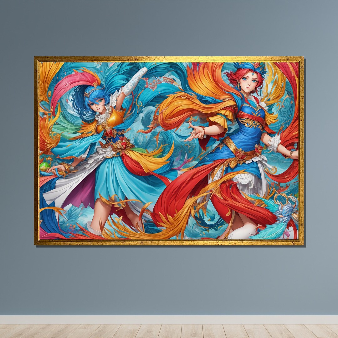 Vibrant Fantasy Duo Canvas, Anime-inspired Artwork, Colorful Fantasy ...