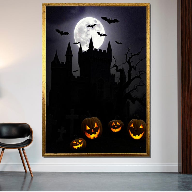 Haunted Castle Halloween Art, Full Moon Jack-o'-lantern Print, Spooky ...