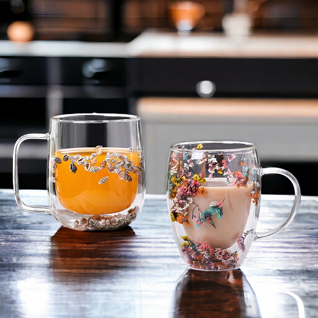 Double Wall Glass Mug With Dry Flower Sea Snail Conchs Glitters ...