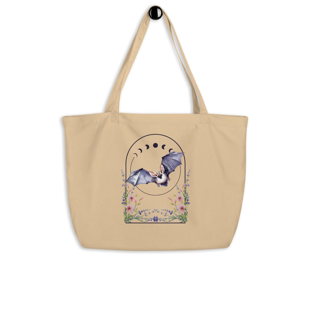 Whimsical Cottagecore Bat Design Tan Organic Cotton Tote Bag / Large ...