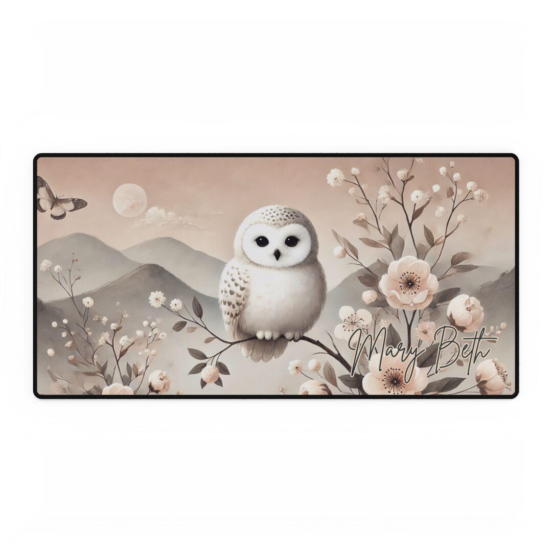 Personalized Snowy Owl Desk Mat, Snow Bird, Floral Beige Aesthetic ...