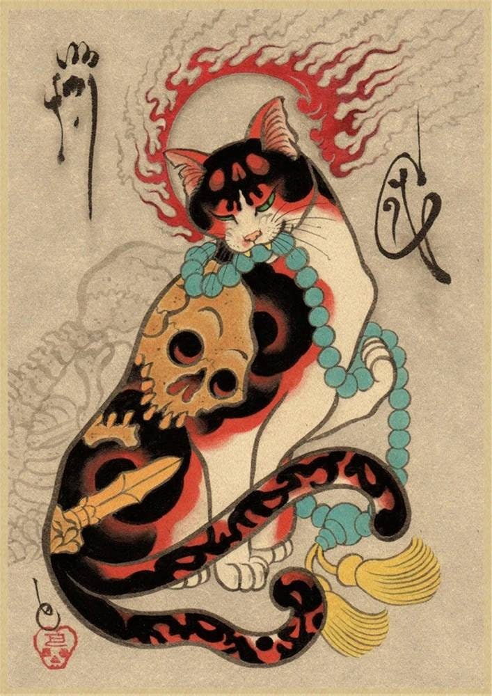 Japanese Samurai Cat Tattoo Kraft Paper Poster Bar Cafe Living Room ...