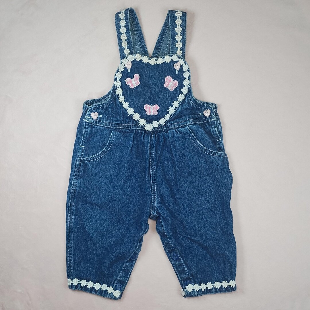 Vintage 90s Denim Baby Overalls Heart Shaped Bib Florals Daisy Trim ...