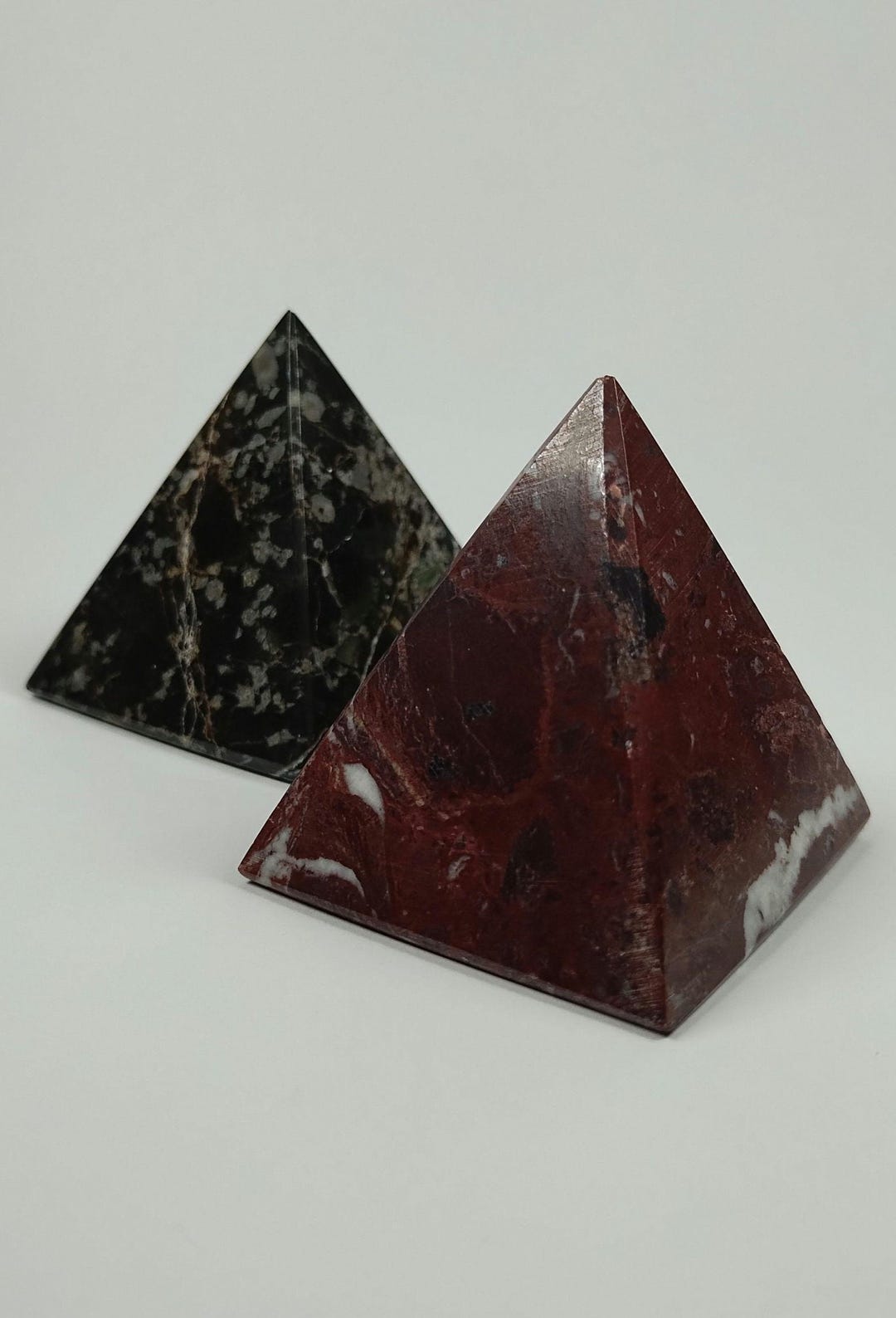 Set of 2 Small Red and Black Marble Pyramid Paperweights Stone ...