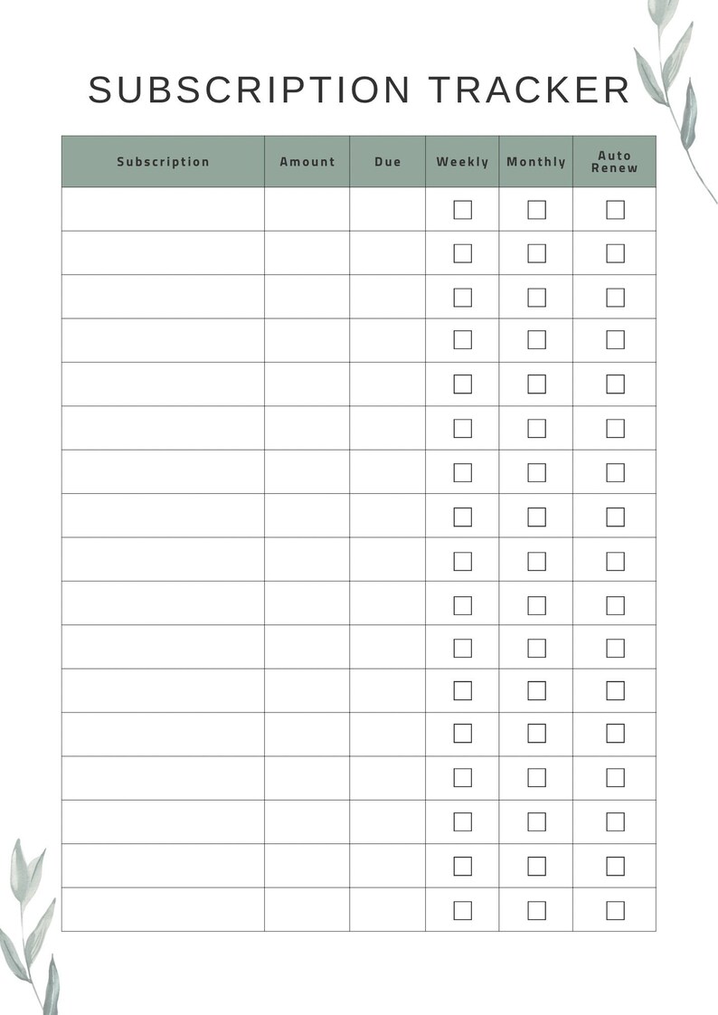 Monthly Subscription Tracker Printable, Expense Tracker, Budgeting ...
