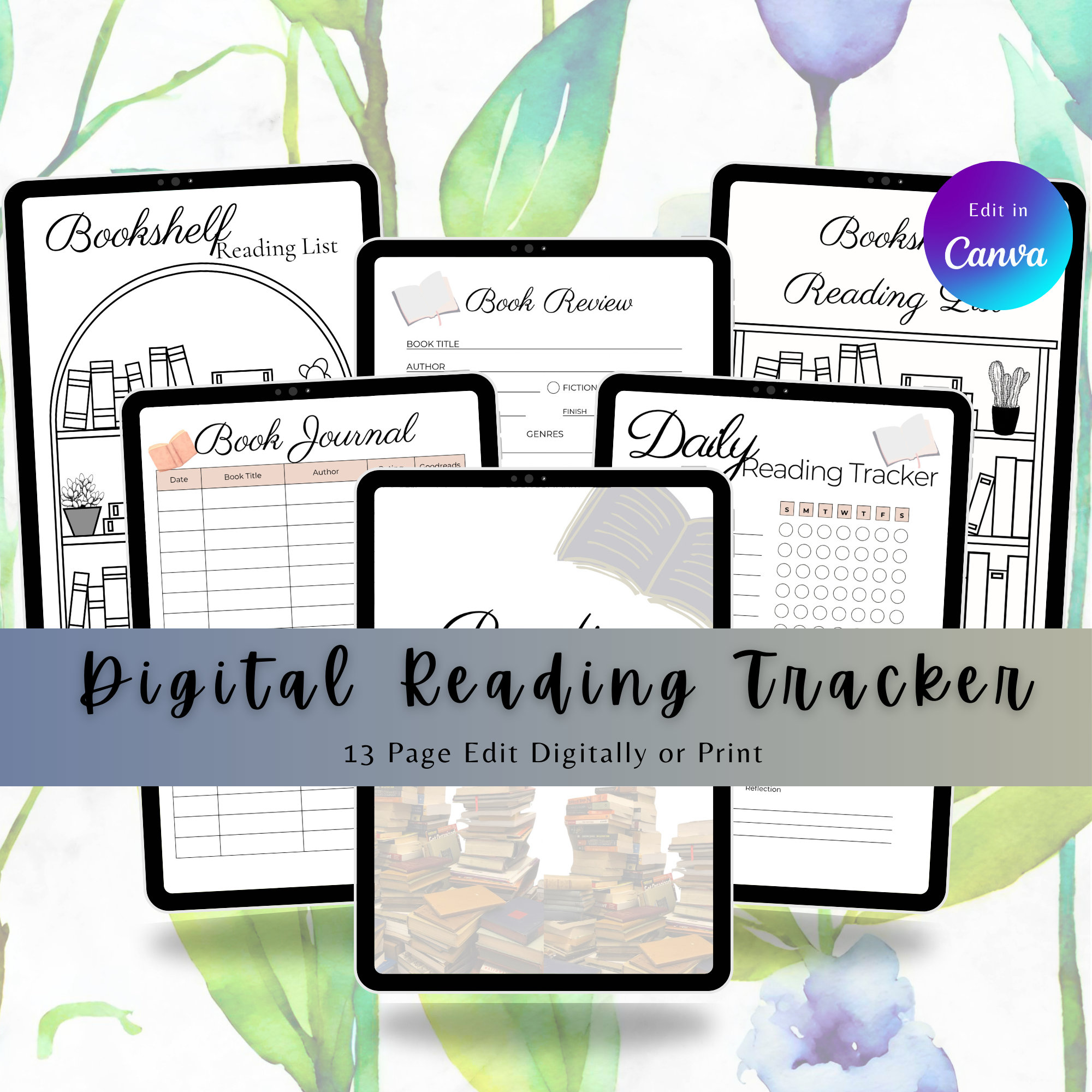 Digital Bookshelf Reading Tracker, Printable Reading Log and Bookmark ...