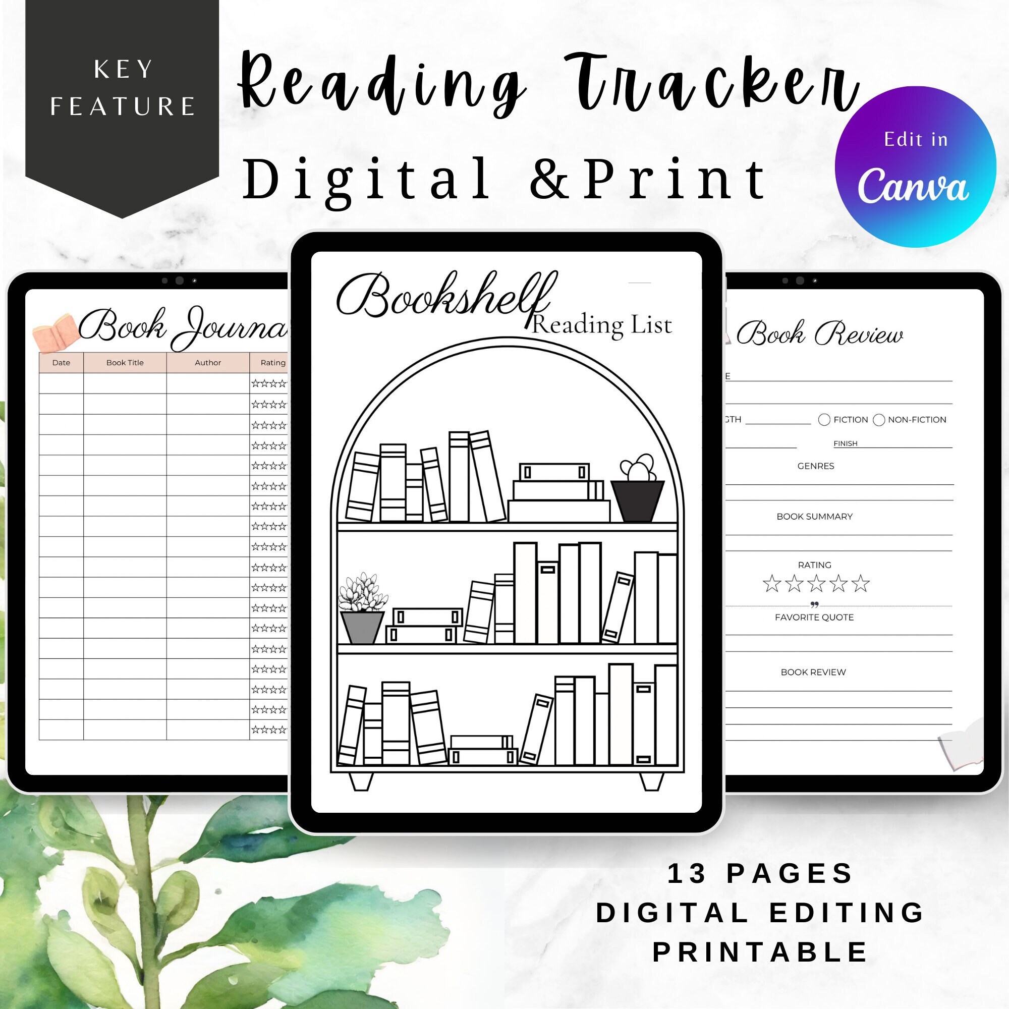Digital Bookshelf Reading Tracker, Printable Reading Log and Bookmark ...