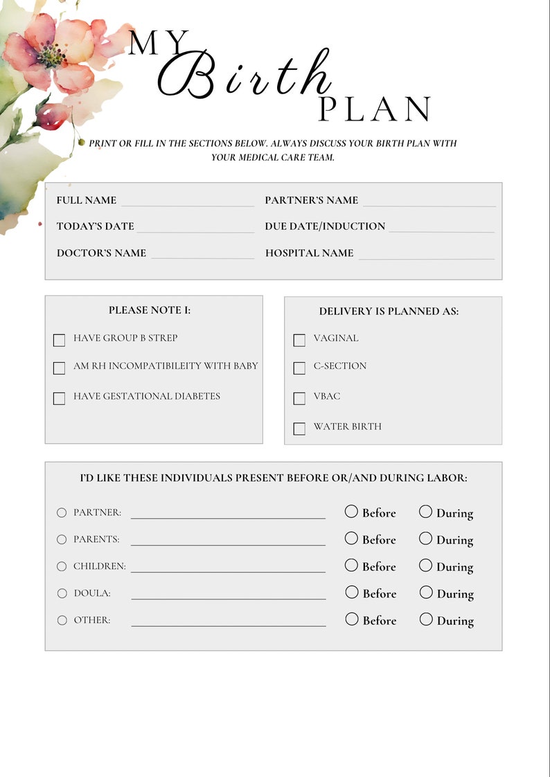 Birthing Plan Template, Birth Plan Printable, Visual Birth Plan, Birth Plan Worksheet, Editable ...