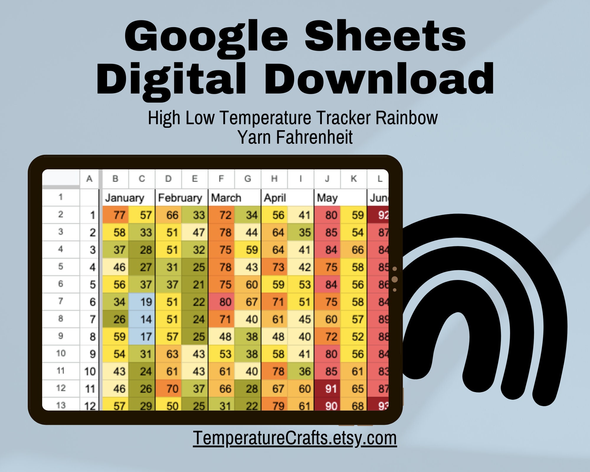 Yarn High Low Temperature Tracker, Rainbow Google Sheets (digital ...