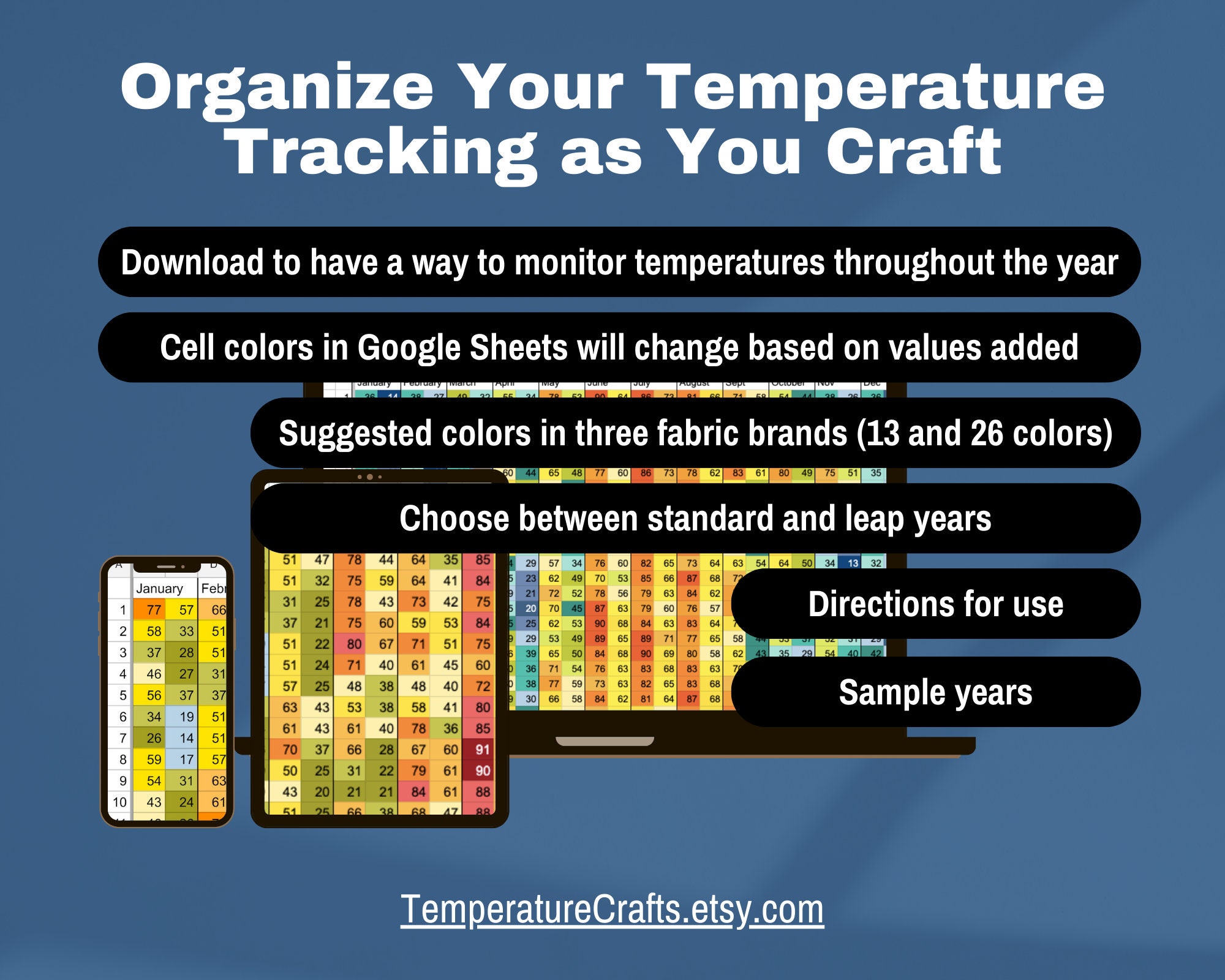 High Low Fahrenheit Fabric Temperature Tracker Google Sheets Digital ...