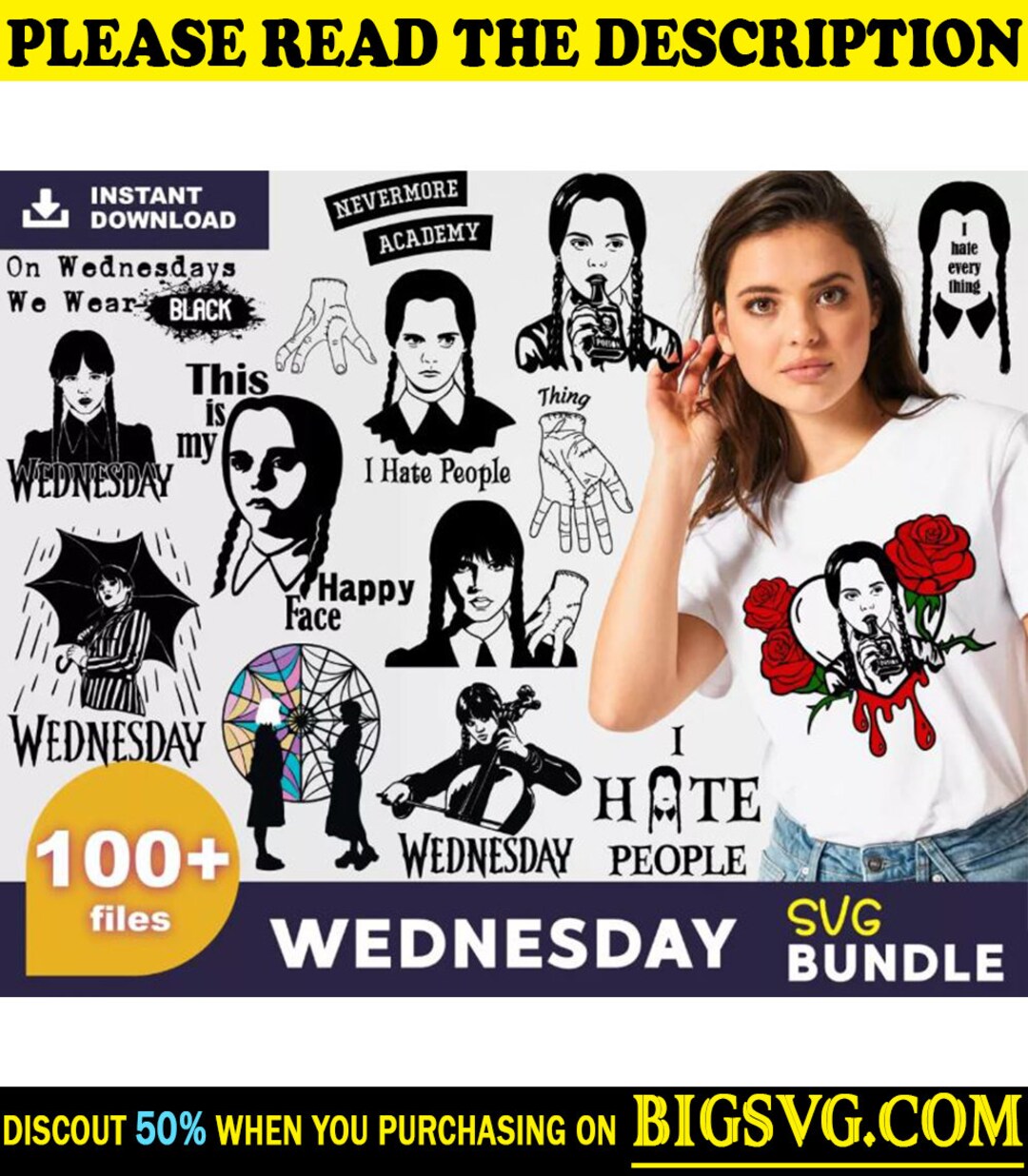 100 Wednesday Clipart Bundle, Alphabet SVG, Wednesday Svg Cut Files for ...
