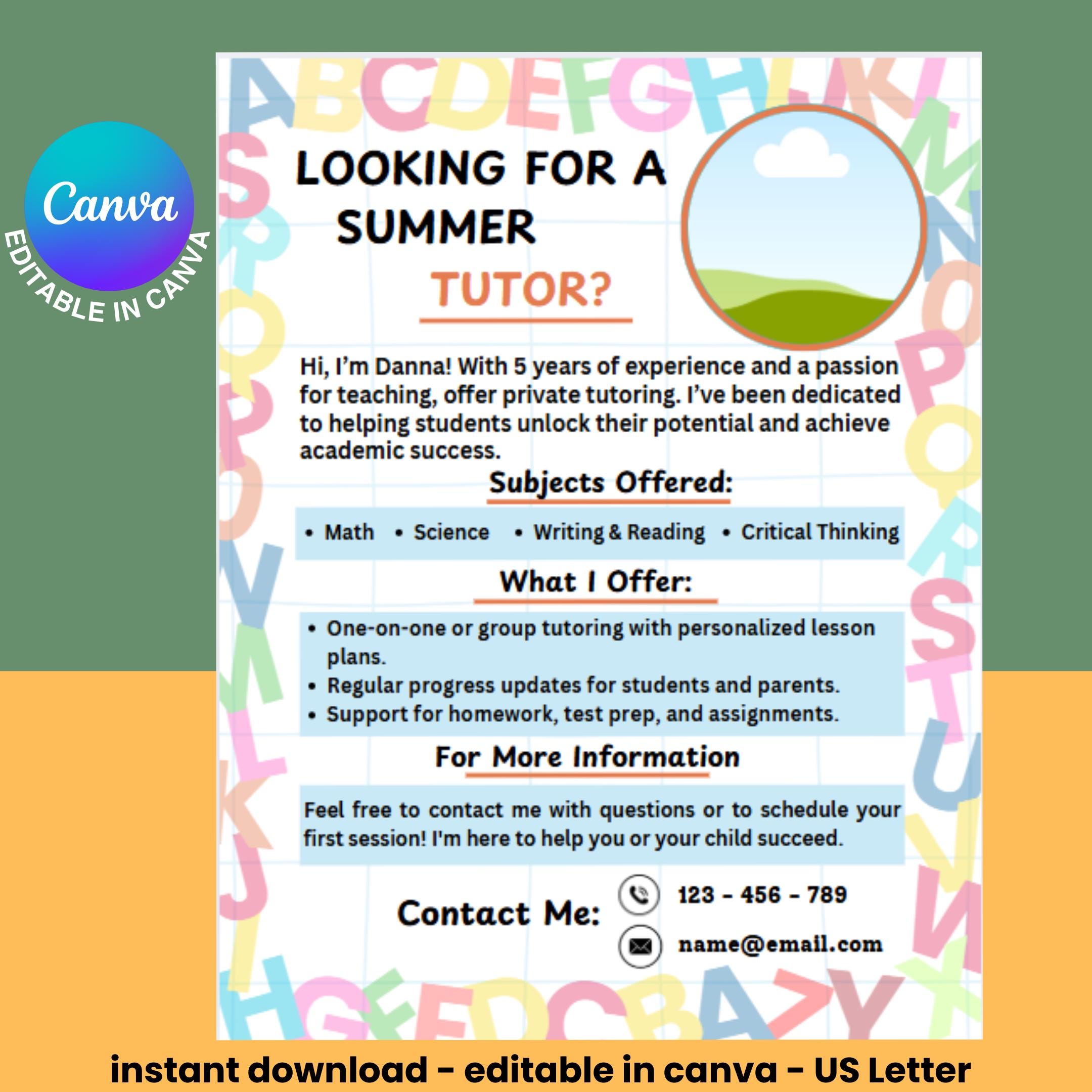 Editable Tutoring Flyer Template: Customizable Canva Design (instant ...