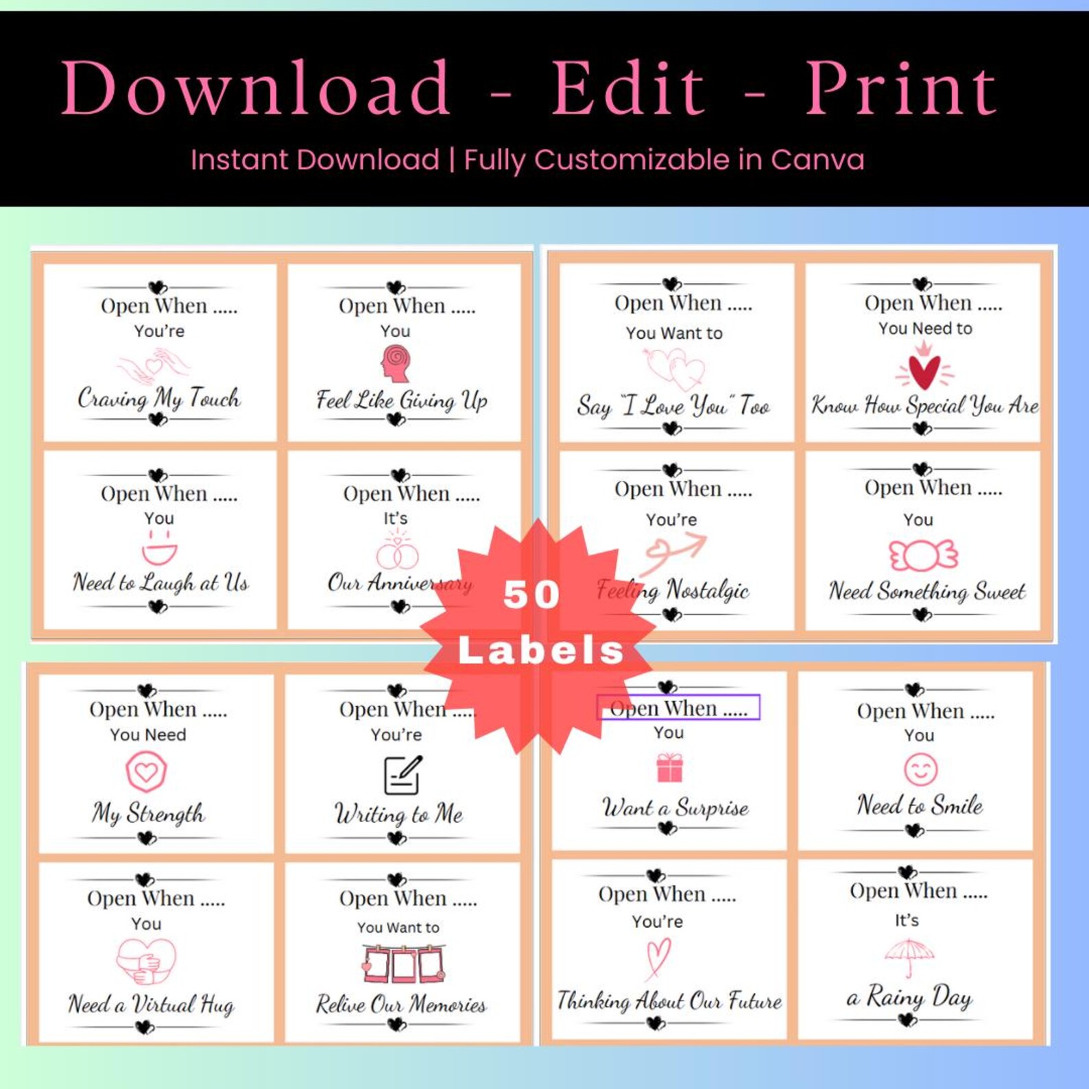 Editable Open When Envelope Labels Long Distance Relationship Gifts ...