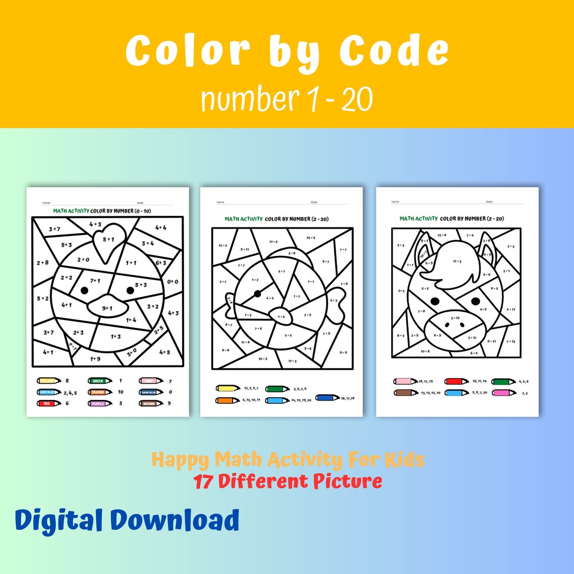 Cat Color by Numbers Printable, Math Activities Education Tools Instant ...