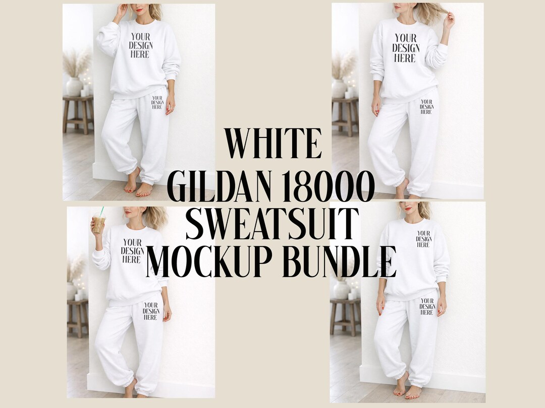 Gildan 18000 Mockup Bundle 18000 White Sweatsuit Mockup Clothing ...