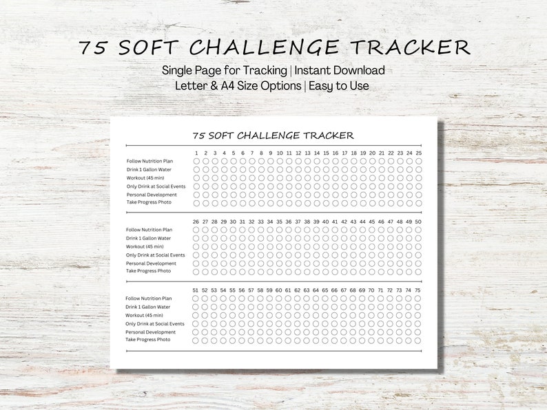 75 Soft Challenge Tracker | Instant Download | One Page Tracker | A4 ...