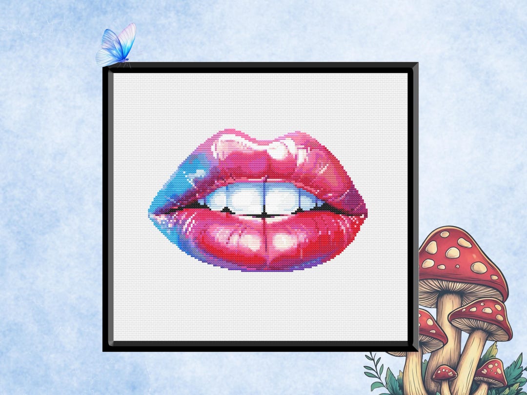 Modern Pop Art Lips Cross Stitch Pattern - Makeup Room Decor - Pink and ...