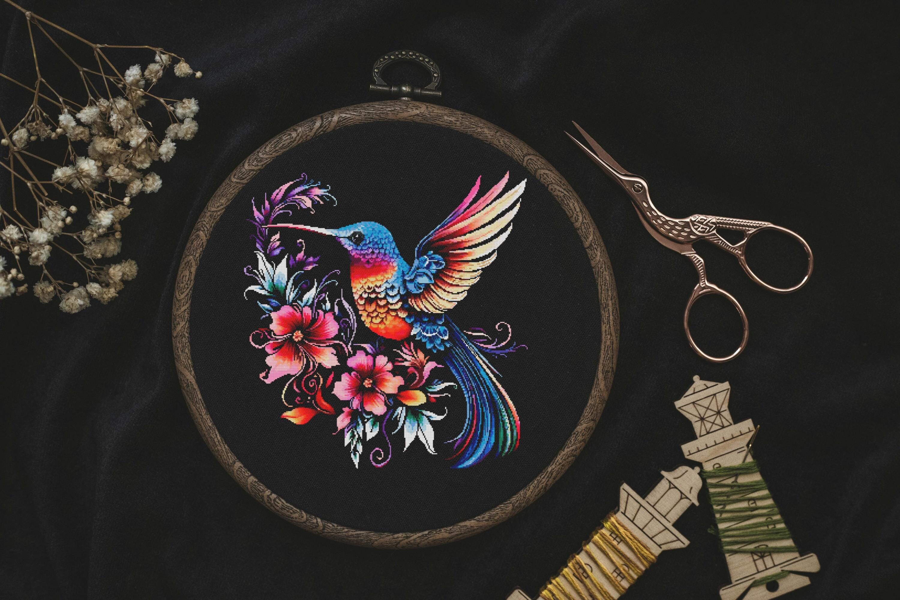 Enchanted Hummingbird Cross Stitch Pattern - Colorful & Mystical Design ...