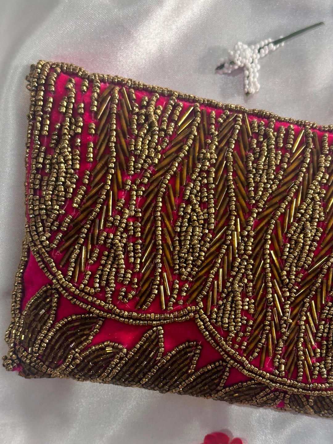Hot Pink Velvet Gold Beaded Clutch Bag Pearl Clutch Purse Bridal ...