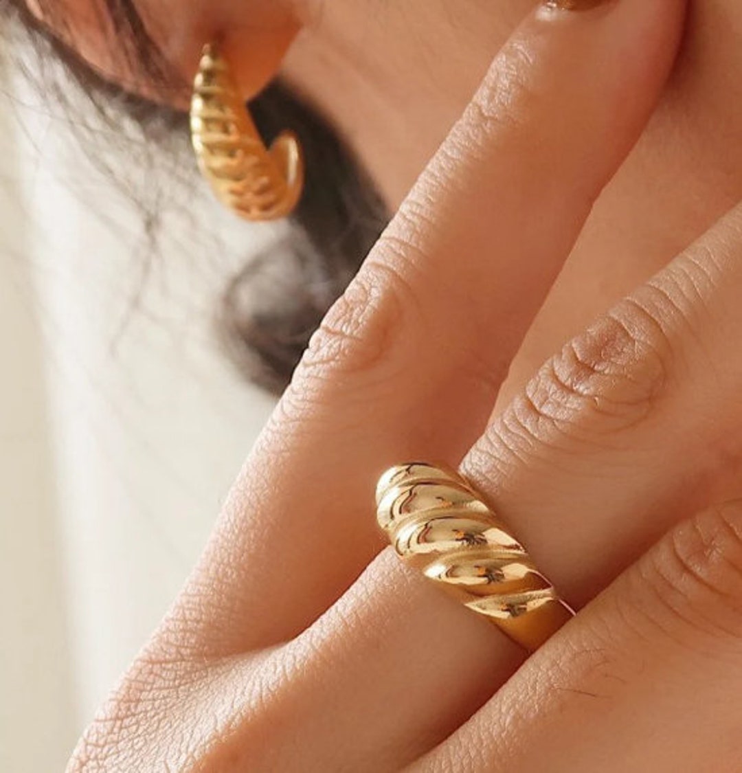 18K Gold Twisted Dome Ring Croissant Ring Chunky Ring Gold Braid Rope Ring Classic Dome Ring for ...