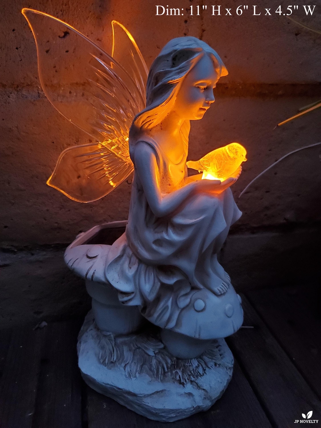 Garden Statue Solar Light Fairy With Amber Song Bird Outdoor Sculpture ...