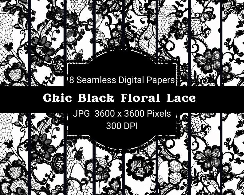 Chic Black Floral Lace Digital Paper | Seamless Pattern | 3600 X 3600 ...