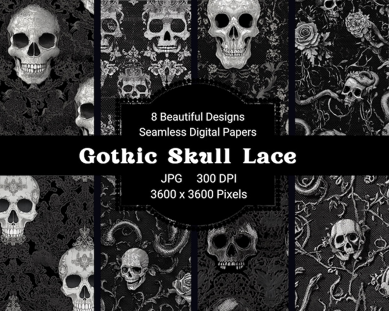 Gothic Skull Lace Digital Papers | 3D Skull Lace Seamless Design | High ...