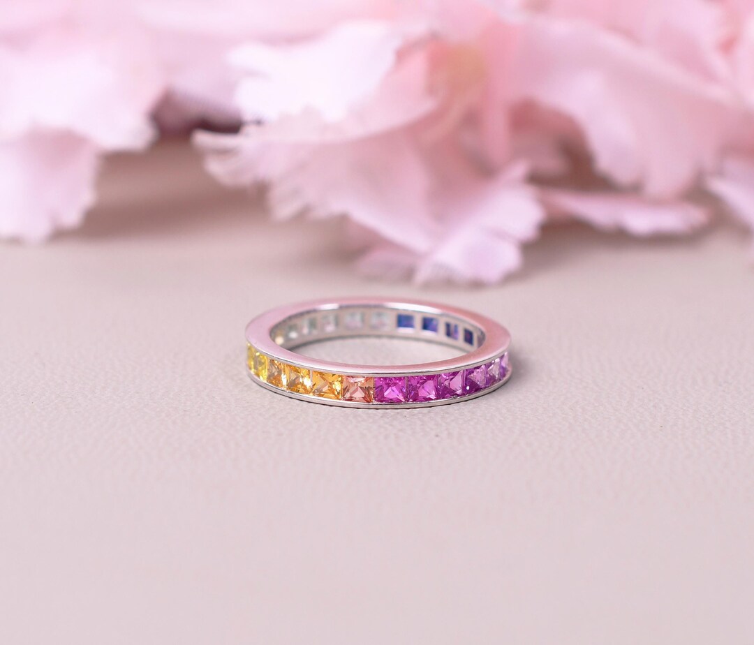18K Gold Rainbow Ring, Multicolor Gemstone Ring, Colorful Diamond Ring ...