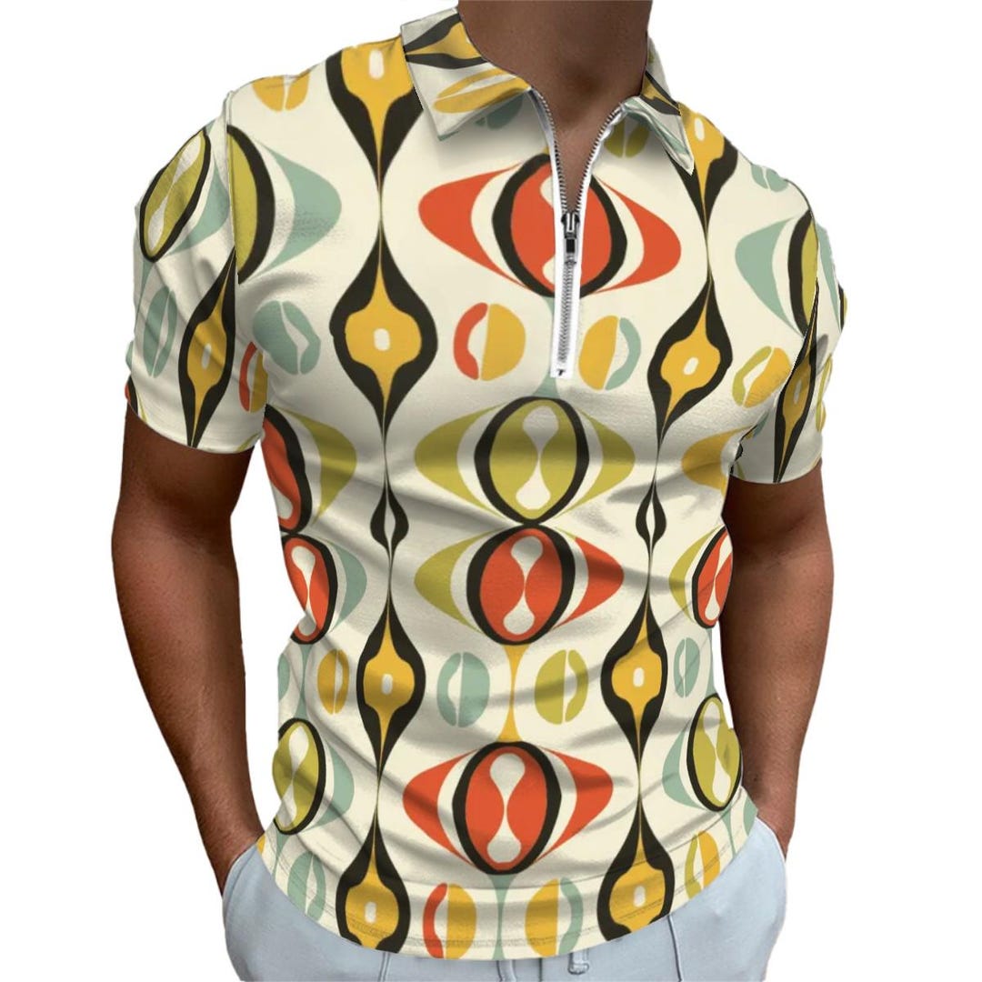 MCM Retro Polo Shirt- Atomic Groovy Design Slim Fit Zipper Polo Shirts ...
