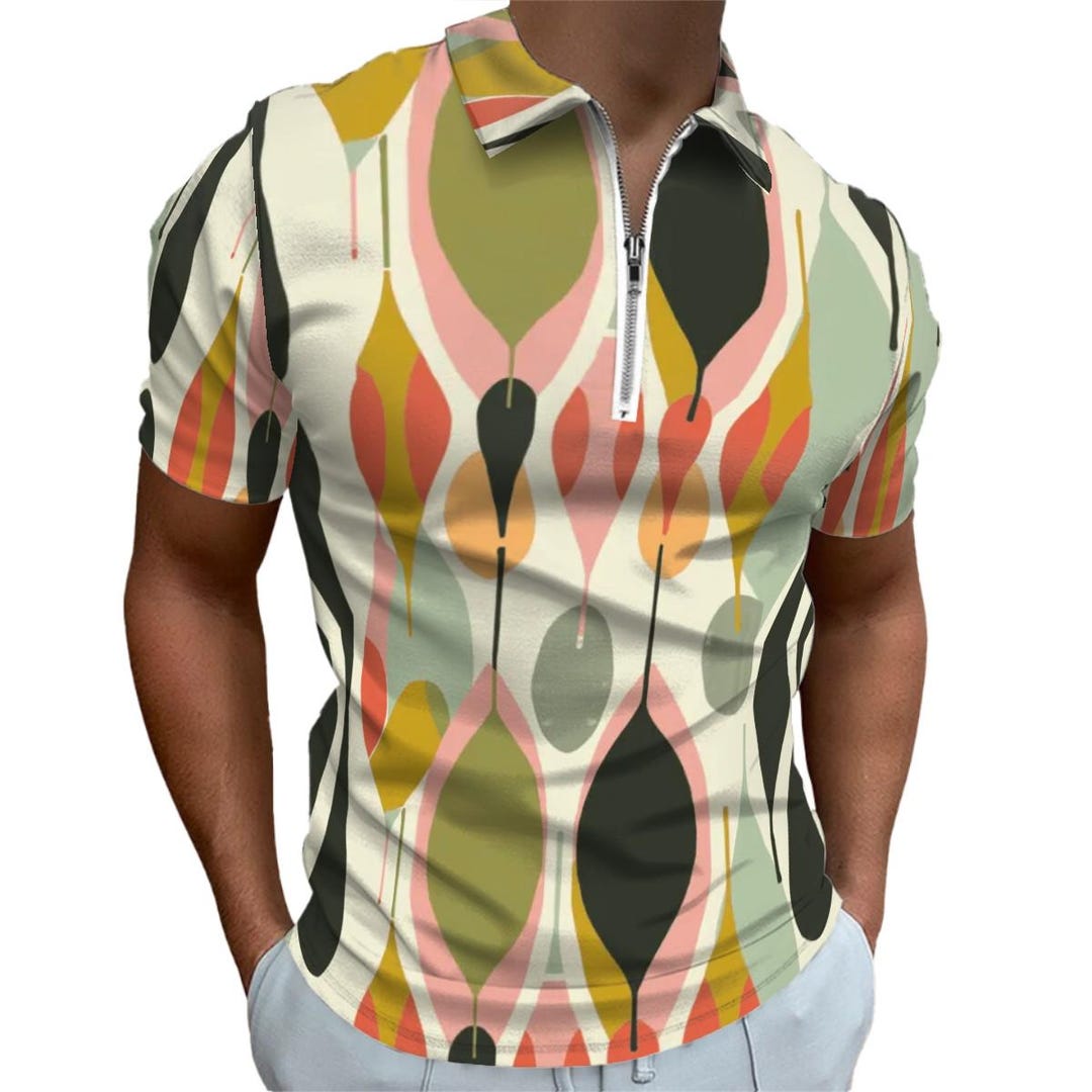MCM Retro Polo Shirt- Atomic Groovy Design Slim Fit Zipper Polo Shirts ...